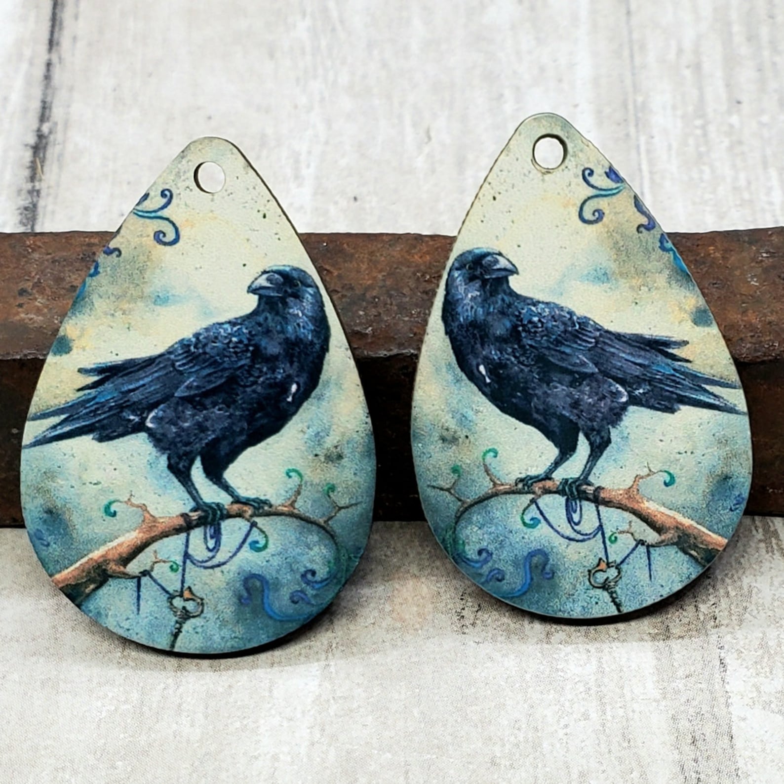 Lock and Key Raven/crow Watercolor, Sublimated Wood Xmas Earring ...