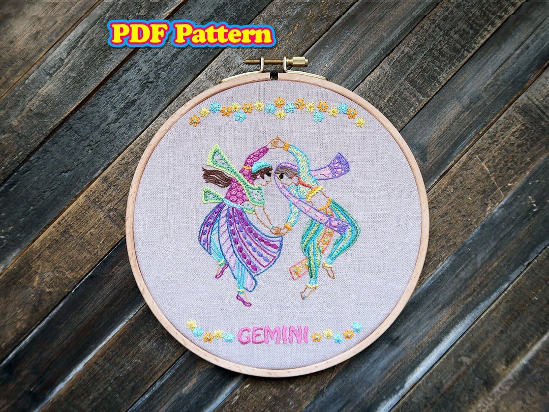 Gemini Embroidery PDF Pattern, Retro Style Zodiac Design, Rustic Kitsch ...