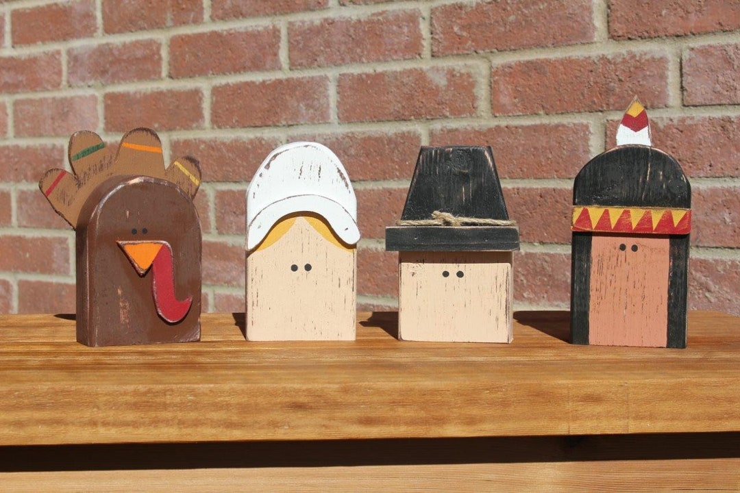 Thanksgiving Wood Decor | Pilgrim, Turkey, Indian Set | Thanksgiving ...
