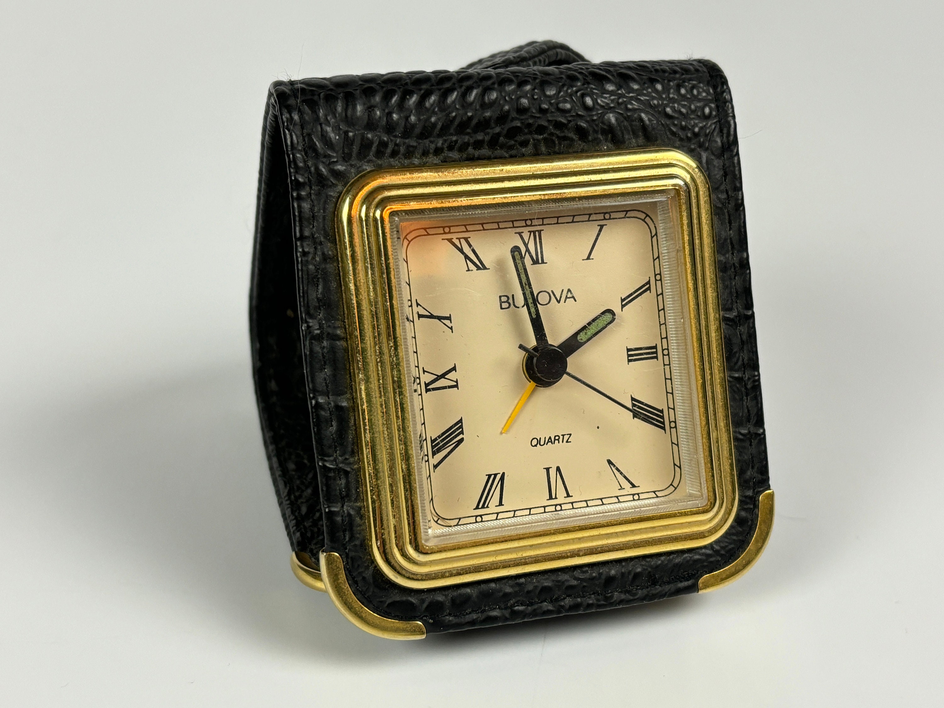 Vintage Bulova Travel Clock W/ Black Faux Crocodile Case, Battery Alarm ...