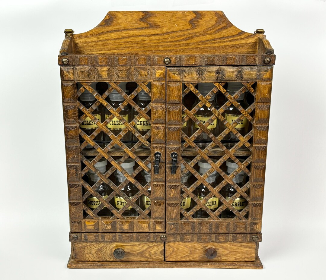 Vintage Wooden Wall Spice Shelf With Doors & Glass Spice Bottles - Etsy
