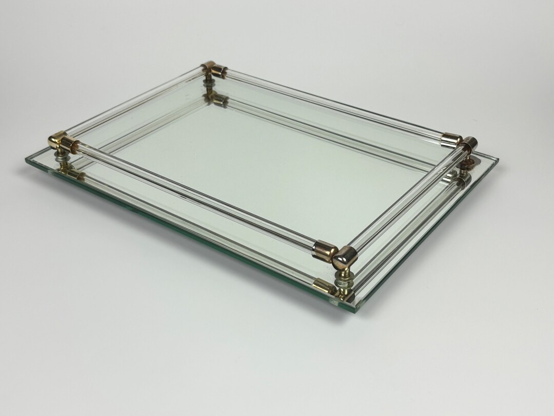 Vintage Mirrored Vanity Tray Rectangular With Glass Handles & Metal ...
