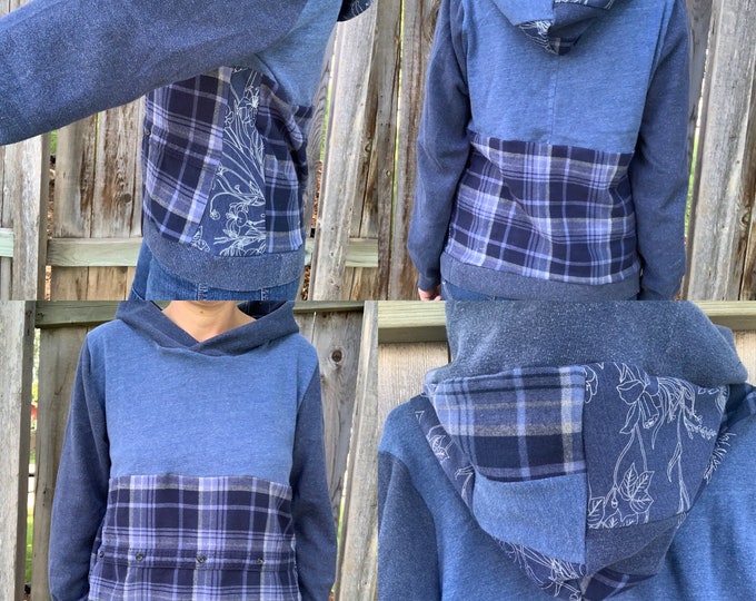 Reworked Womens Small Medium Blue Patchwork Hoodie, Pullover, Upcycled ...