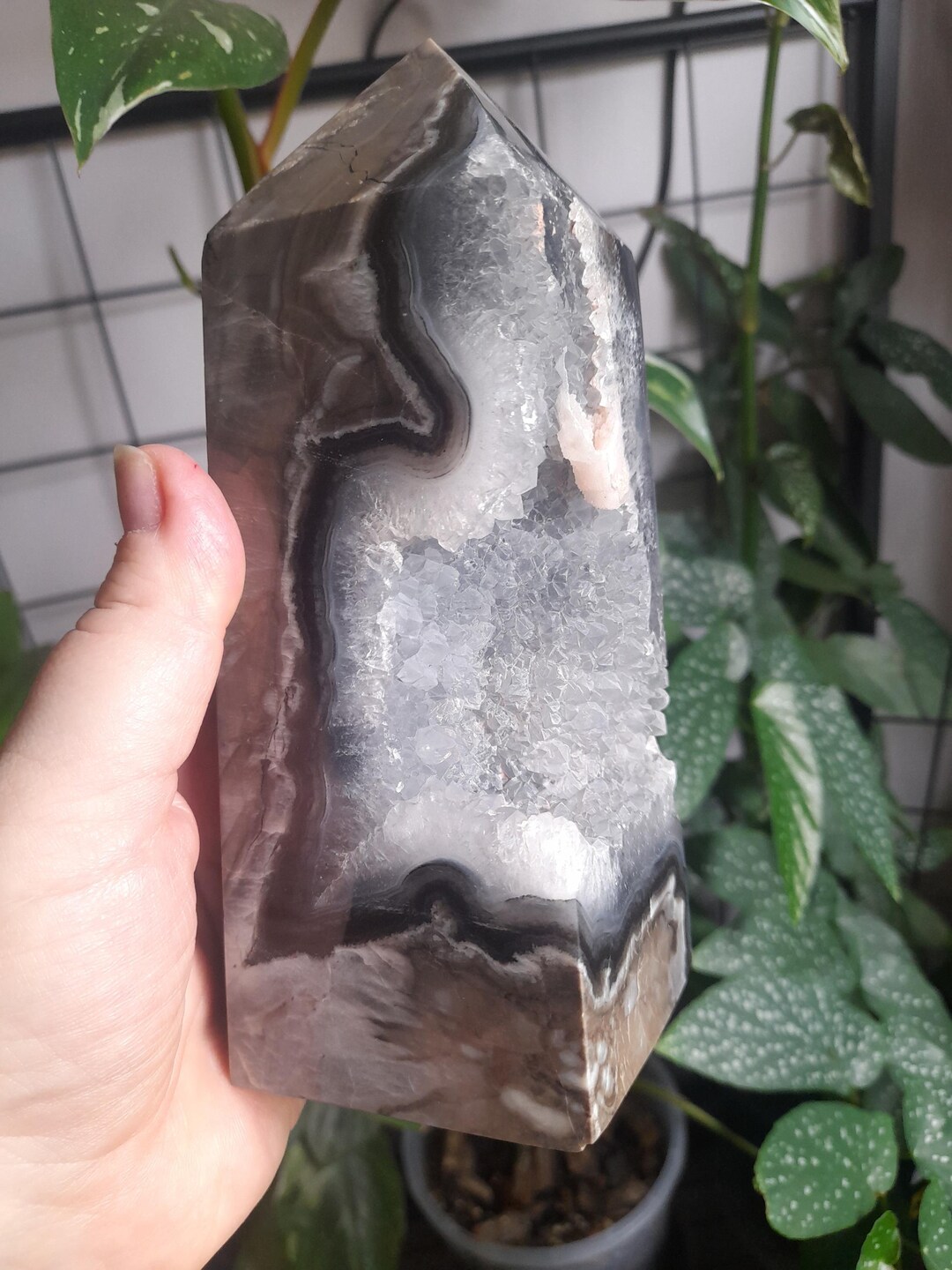 Volcano Agate Tower With Geode, Crystal Tower, Natural Gemstone, Home ...