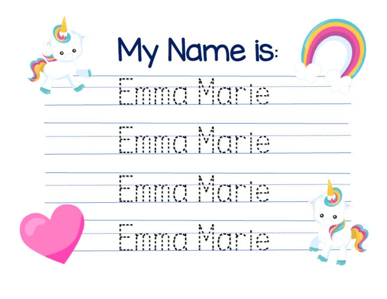 Customized Unicorn Theme Name Writing Practice - Etsy