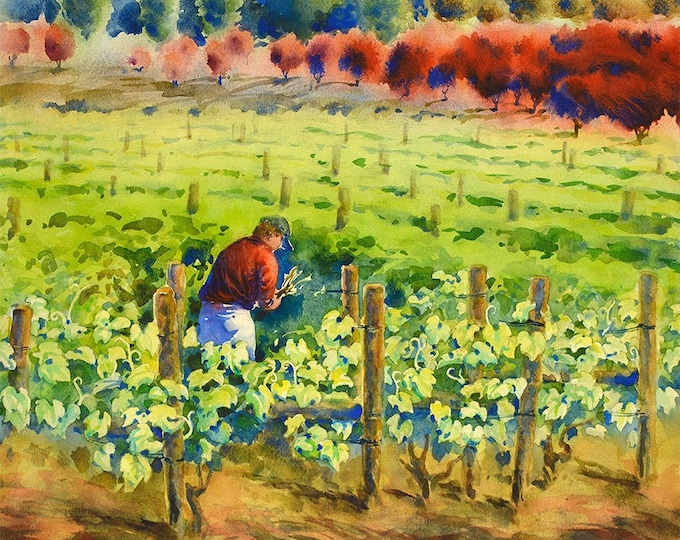 Vineyard Art Print “tending the Vines” Watercolor Landscape Painting ...