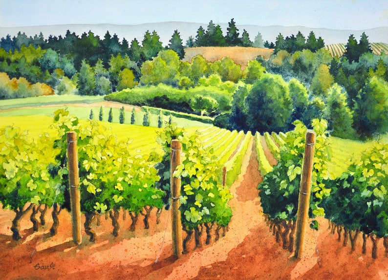 Vineyard Art Print "luminous Hilltop Vineyard" Watercolor Landscape Painting, Hand-signed Art ...