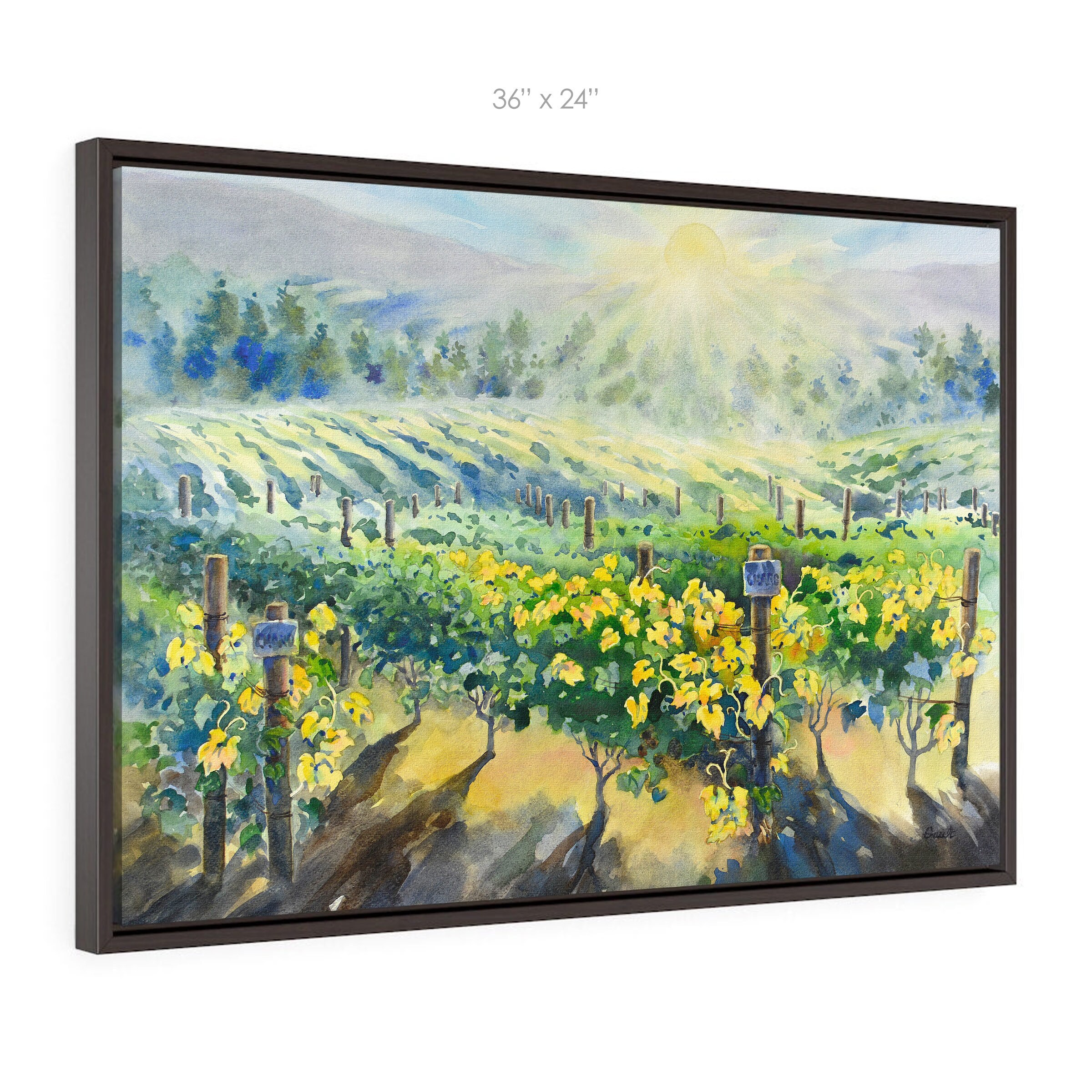 Framed Canvas Print “vineyard Sunrise" Watercolor Landscape Painting - Etsy