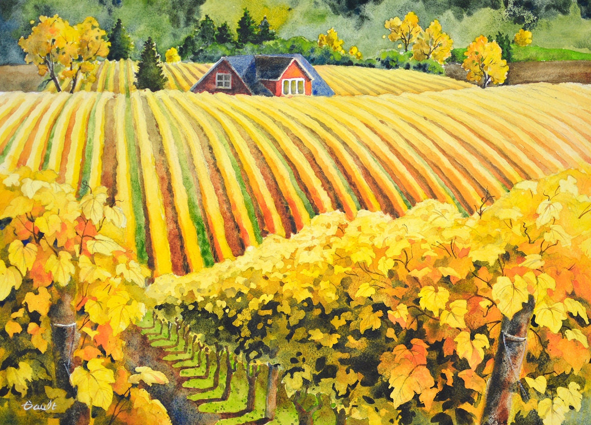 Vineyard Art Print "rolling Hills of Autumn Vines" Watercolor Landscape ...