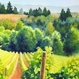 Vineyard Art Print "luminous Hilltop Vineyard" Watercolor Landscape Painting, Hand-signed Art ...