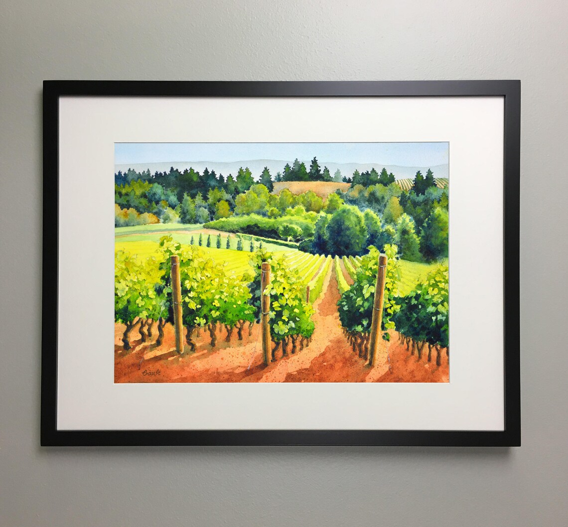 Vineyard Art Print "luminous Hilltop Vineyard" Watercolor Landscape Painting, Hand-signed Art ...