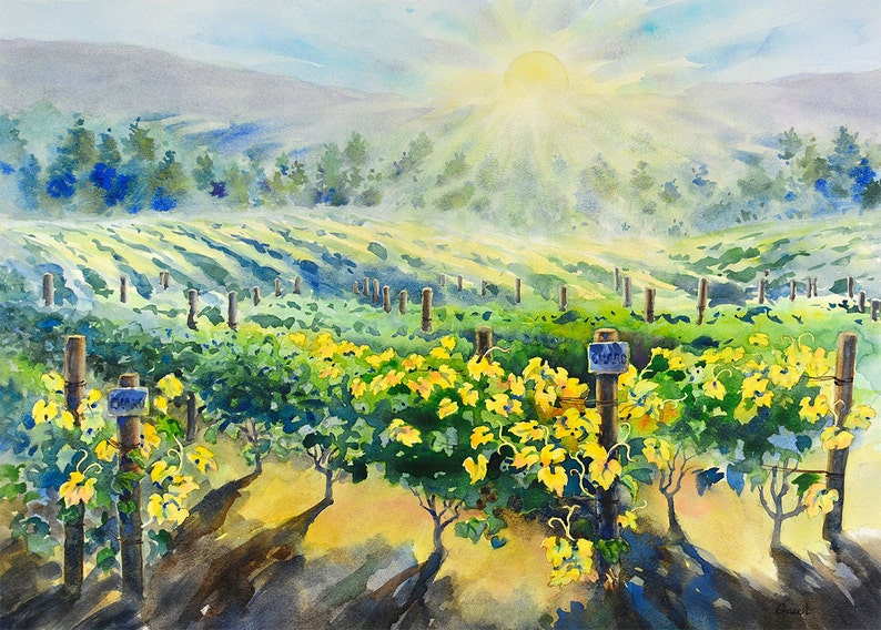 Vineyard Art Print “vineyard Sunrise” Watercolor Landscape Painting, Hand-signed Art Print - Etsy