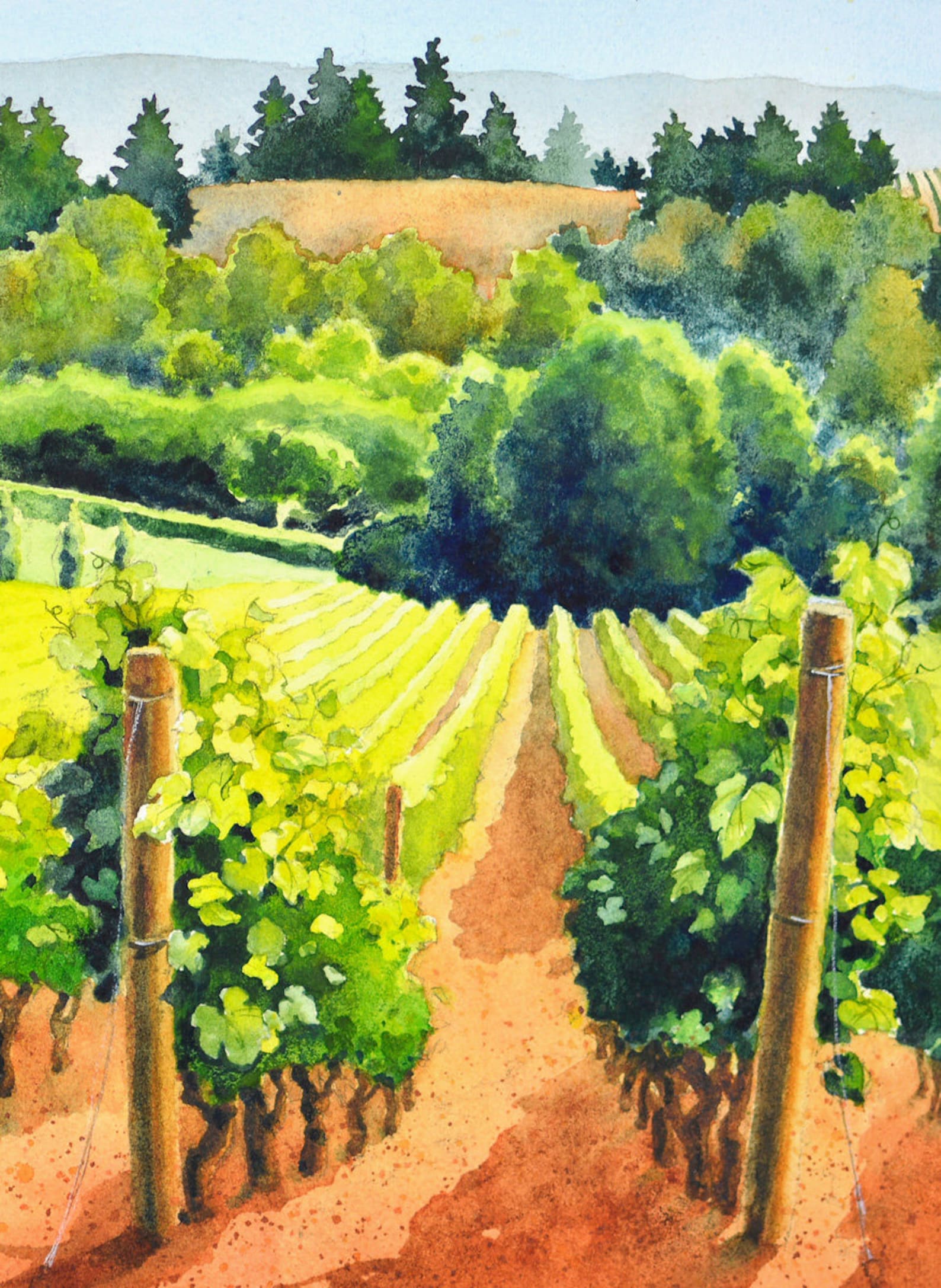 Vineyard Art Print "luminous Hilltop Vineyard" Watercolor Landscape Painting, Hand-signed Art ...