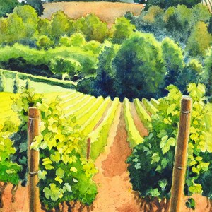 Vineyard Art Print "luminous Hilltop Vineyard" Watercolor Landscape Painting, Hand-signed Art ...