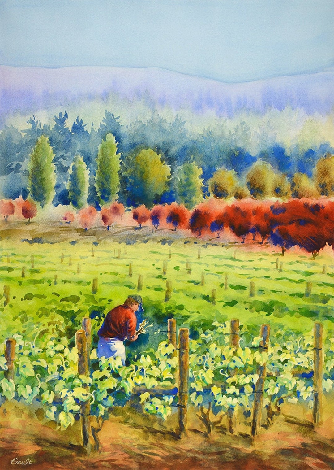 Willamette Valley Vineyard Art Print, Watercolor Landscape Painting - Etsy