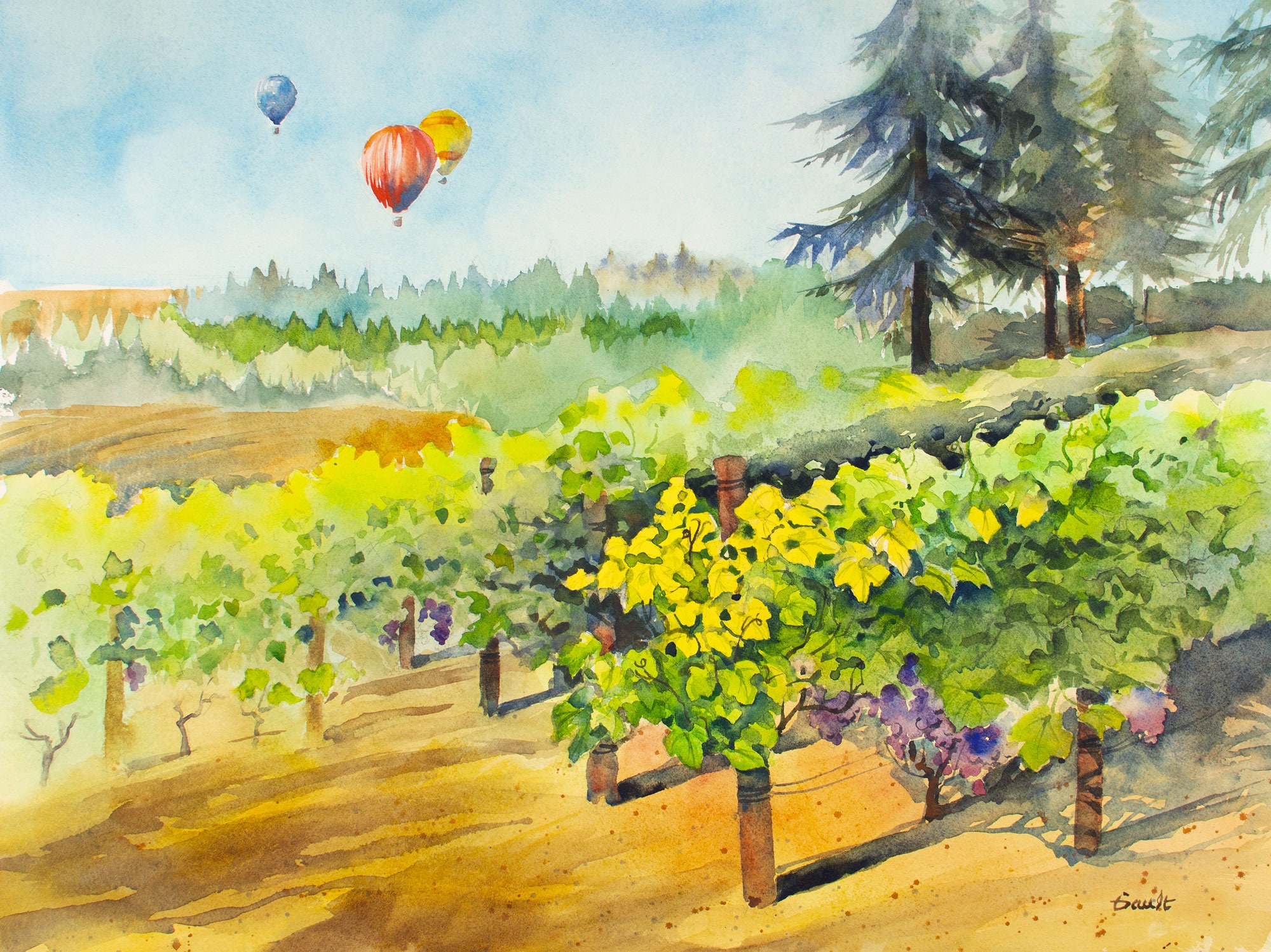 Vineyard Watercolor Art Print, Oregon Wine Country Landscape, Hand ...