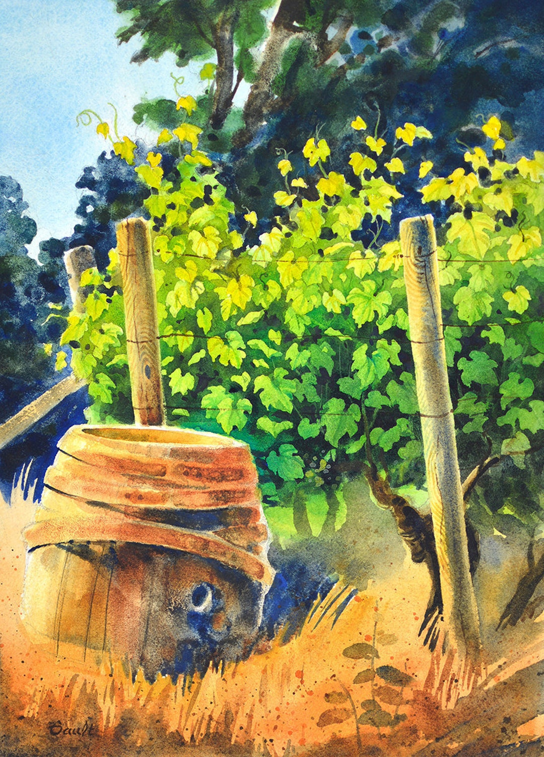 Vineyard Vignette Art Print, Watercolor Landscape Painting, Signed ...