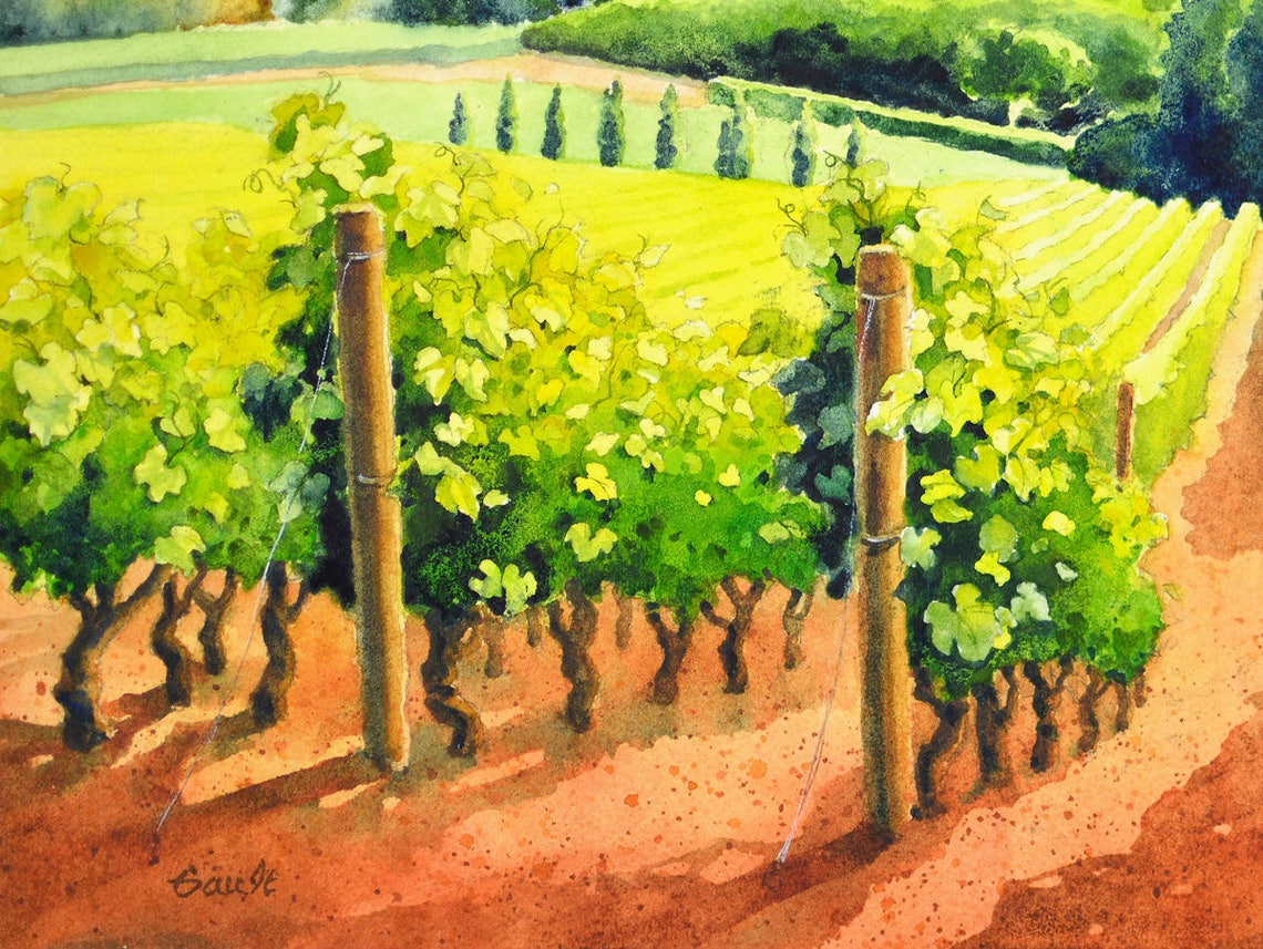 Vineyard Art Print "luminous Hilltop Vineyard" Watercolor Landscape Painting, Hand-signed Art ...