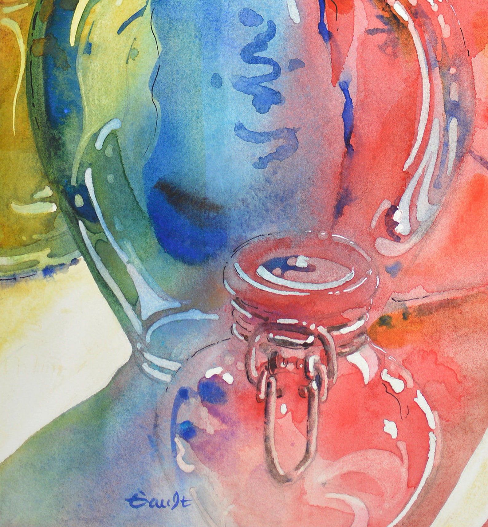 Colored Bottles Still Life Watercolor Print, Colorful Wall Art Prints ...