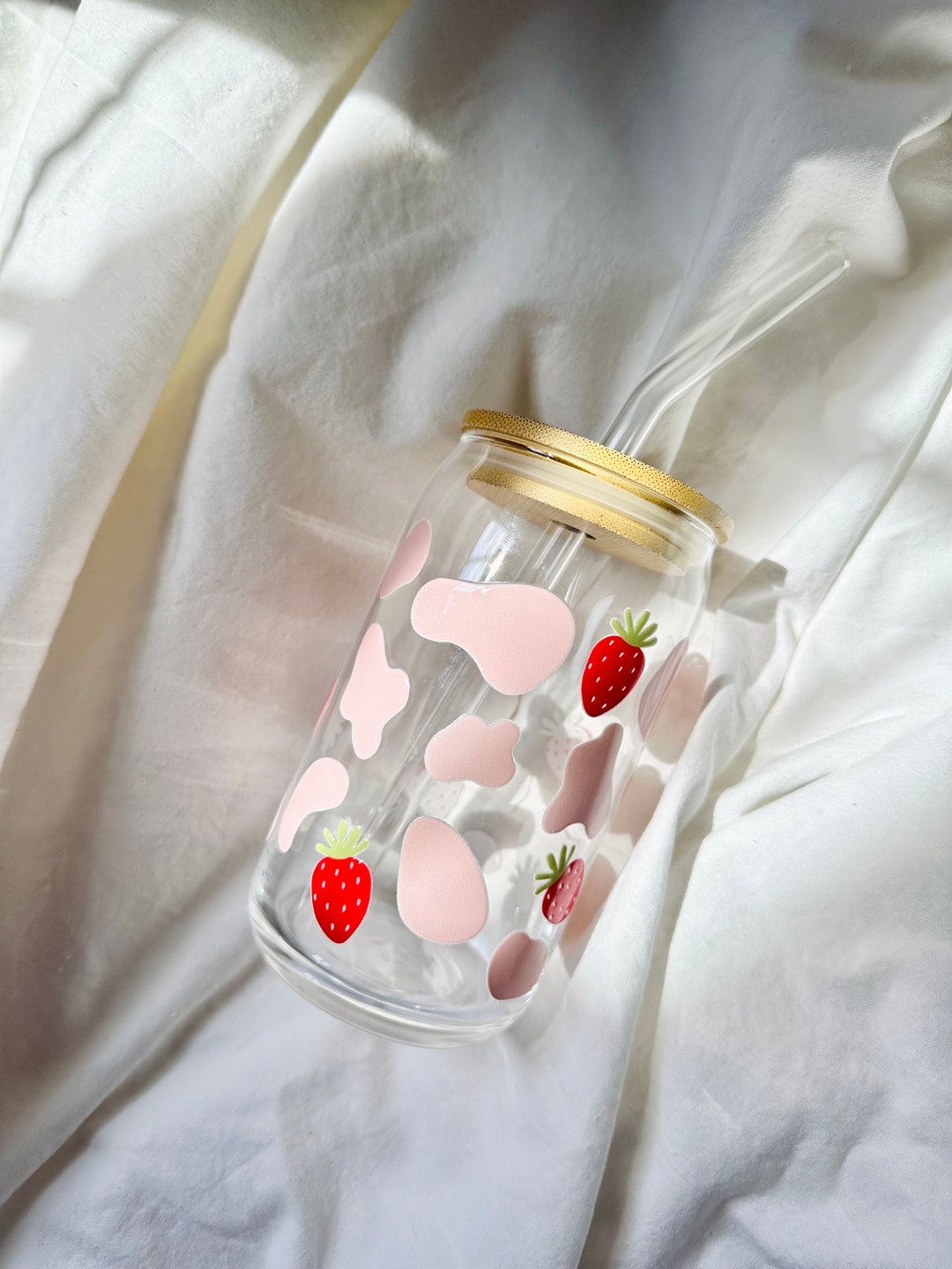 Pink Cow Print and Strawberry Glass Cup, Cute Cow Cup for Iced Coffee ...