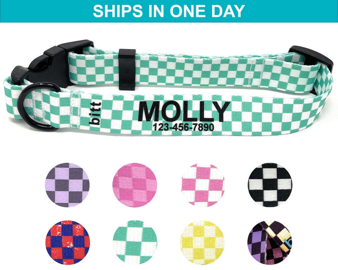 Dog Collar Checkered Custom Dog Collar Silent Dog Tag Personalized ...