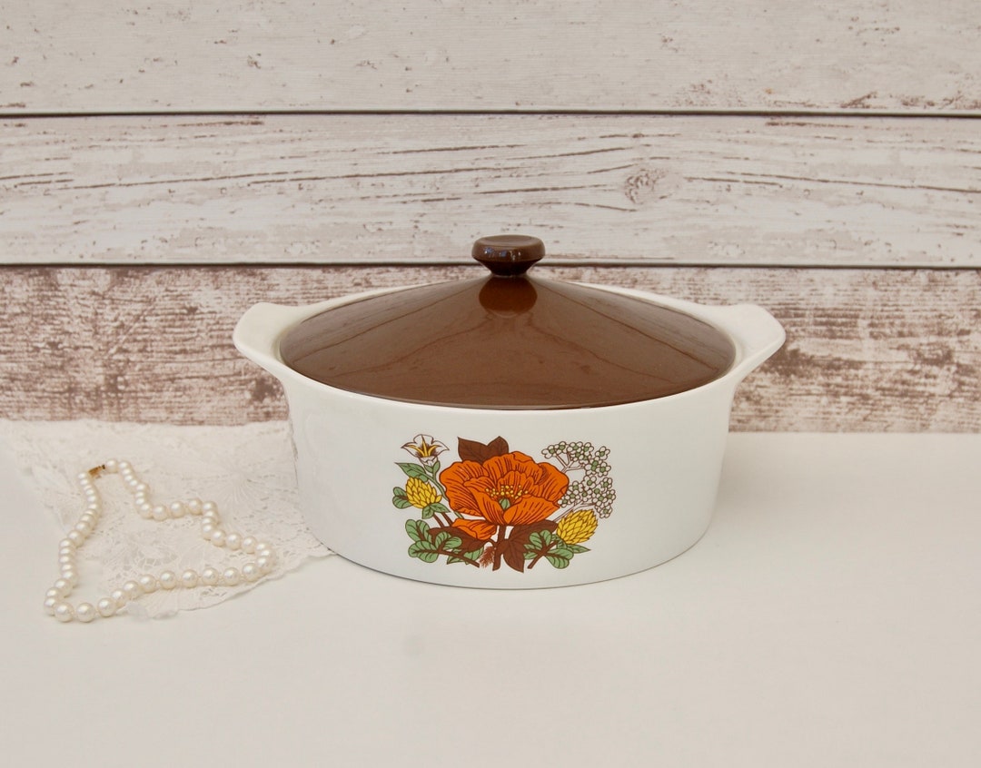 Retro Lidded Casserole Dish, Poppy Design on White, With Brown Lid ...