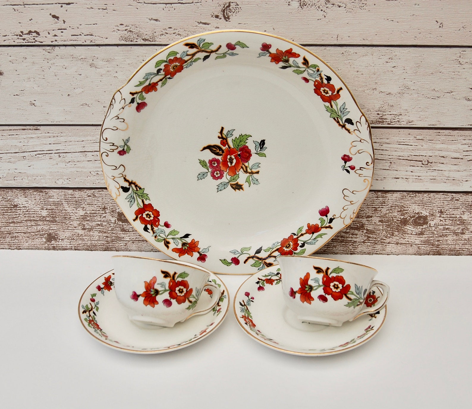 Vintage John Maddock & Sons Royal Vitreous tea set, 2 duos and a cake ...