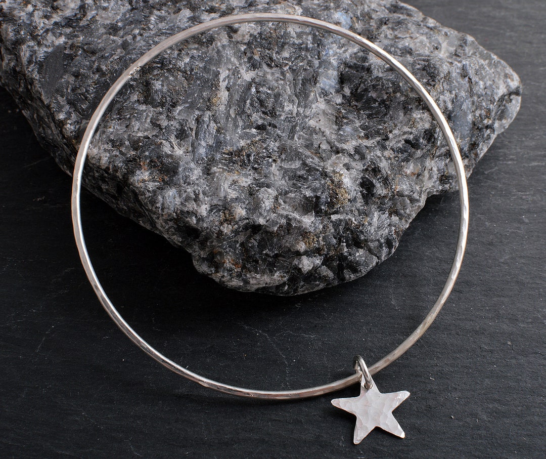 Silver Bangle Handmade Sterling Silver Solid Flat Hammered Bangle With ...