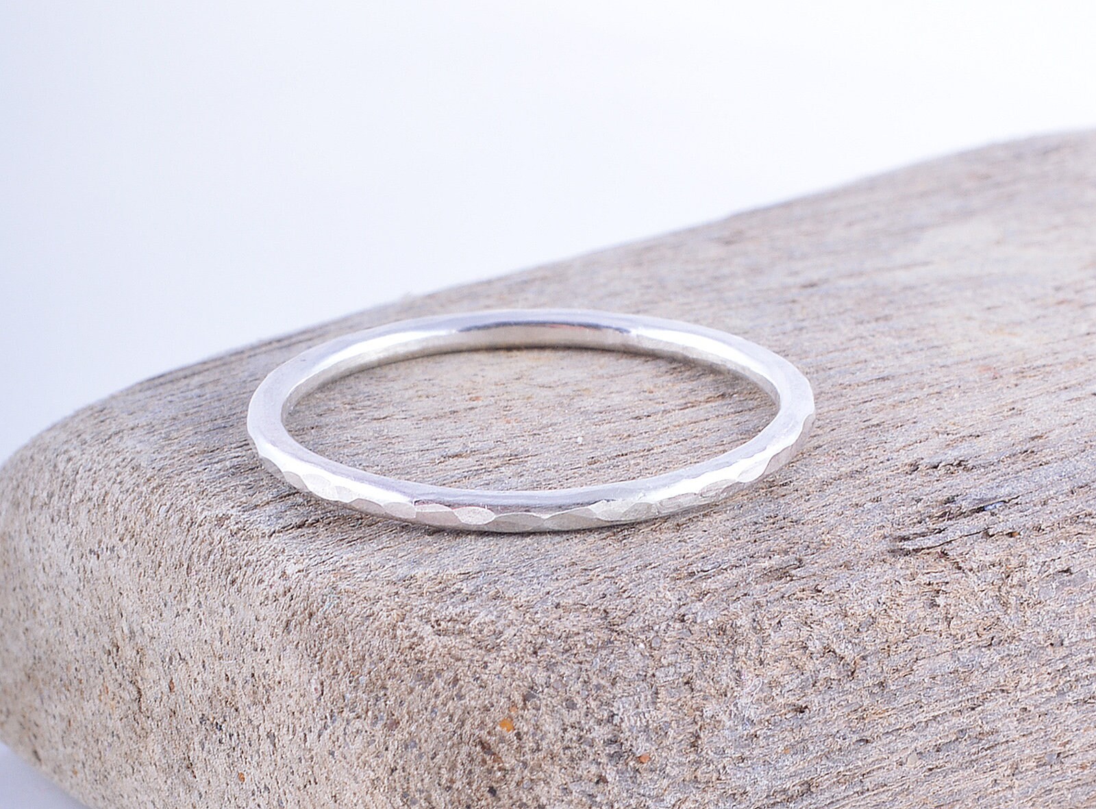 Sterling silver handmade round hammered skinny stacking band | Etsy