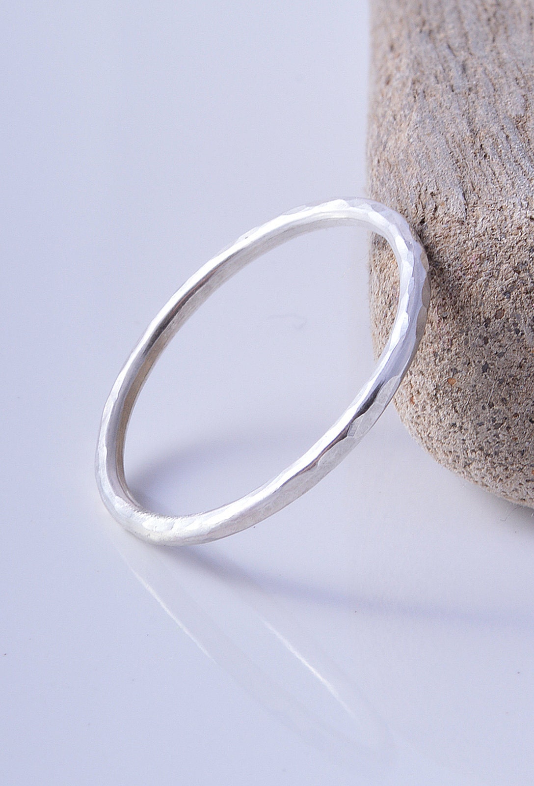 Sterling silver handmade round hammered skinny stacking band | Etsy