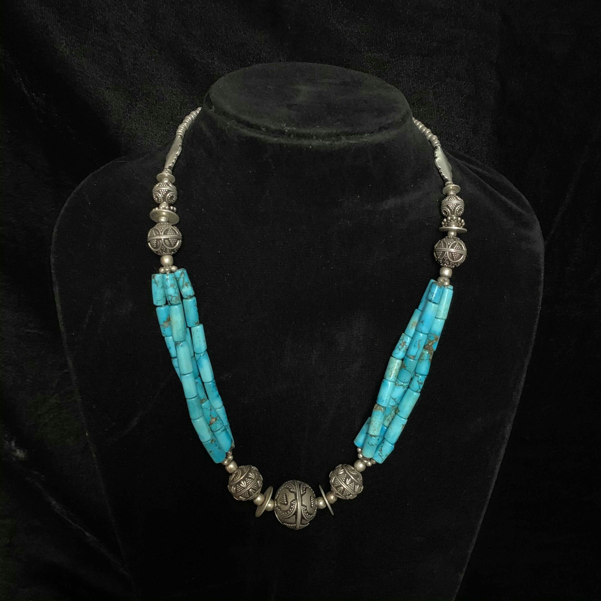 Nepali Silver Turquoise and Repousse Beaded Necklace - Etsy