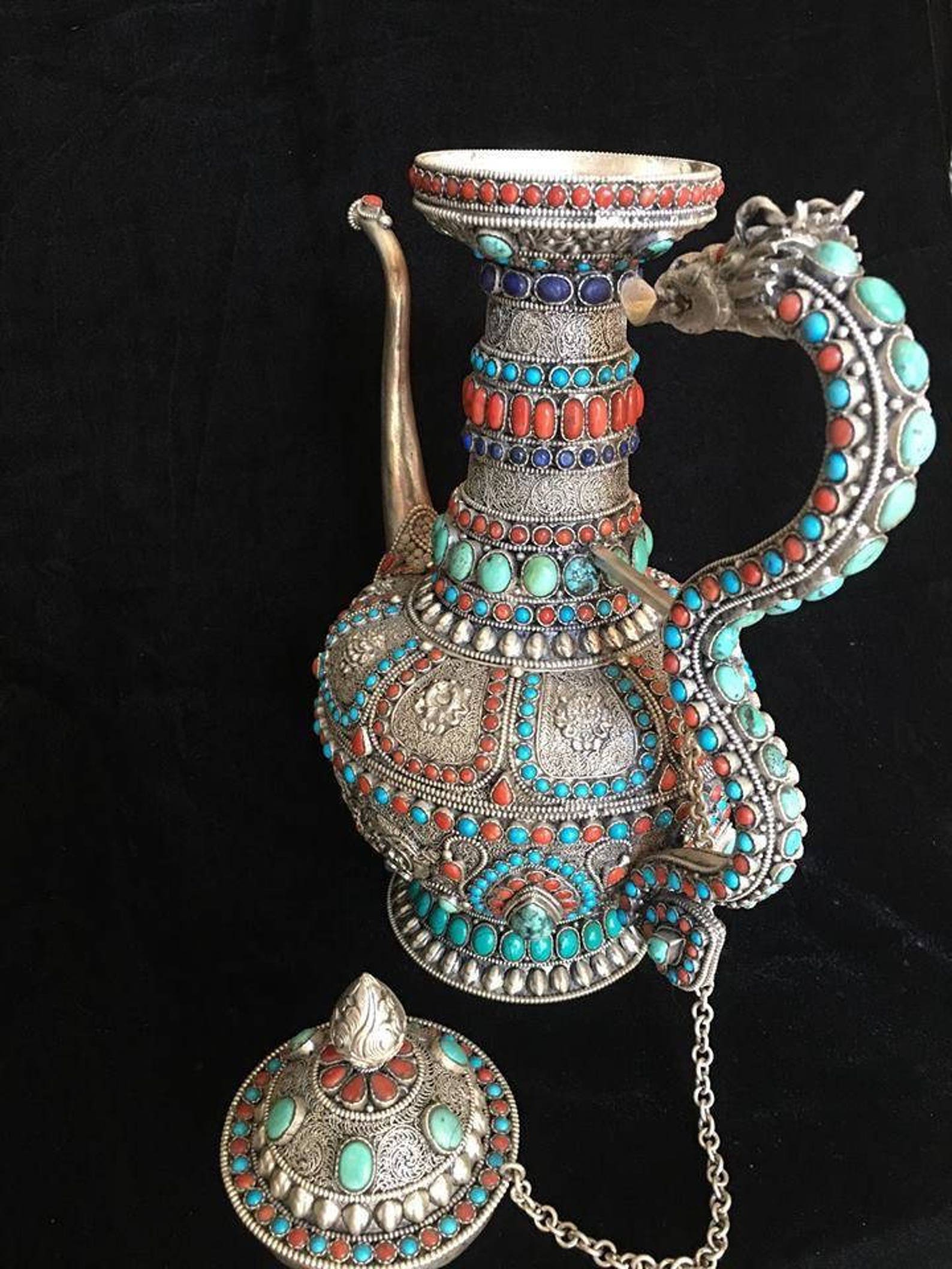 Masterpiece Nepal Pure Silver Gem Inlay Lapis Coral Turquoise Dragon ...