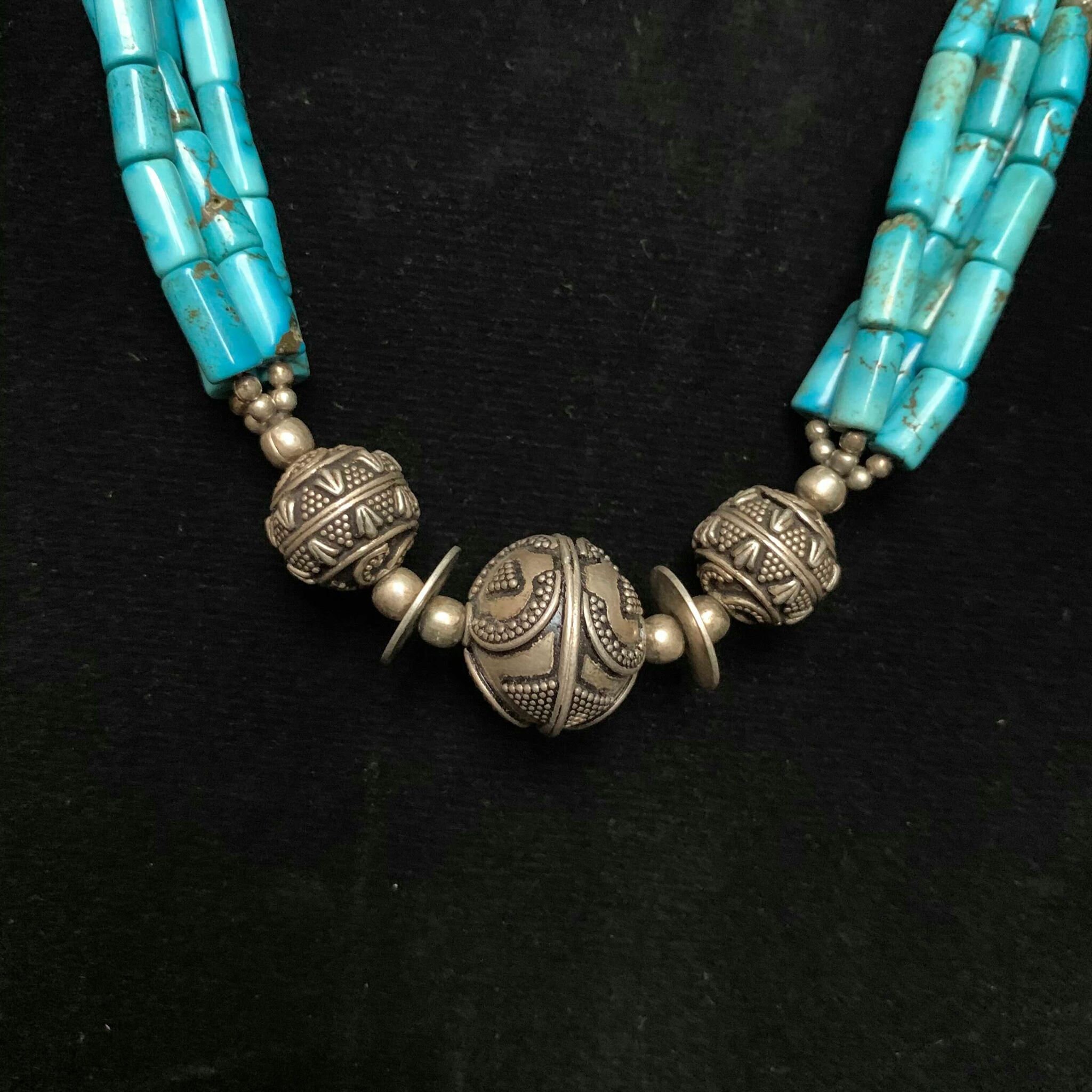 Nepali Silver Turquoise and Repousse Beaded Necklace - Etsy