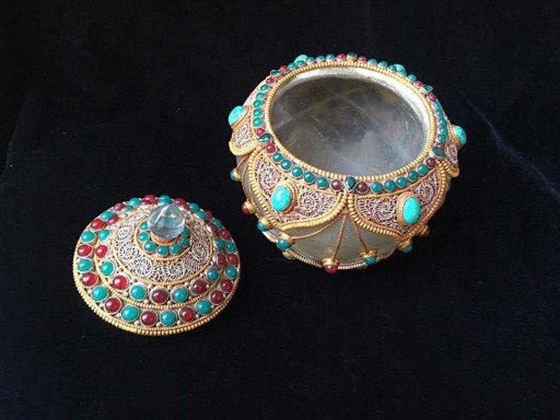 Nepal Silver & Gold Inlay Ruby Beryl Turquoise Gem Crystal Buddhism ...