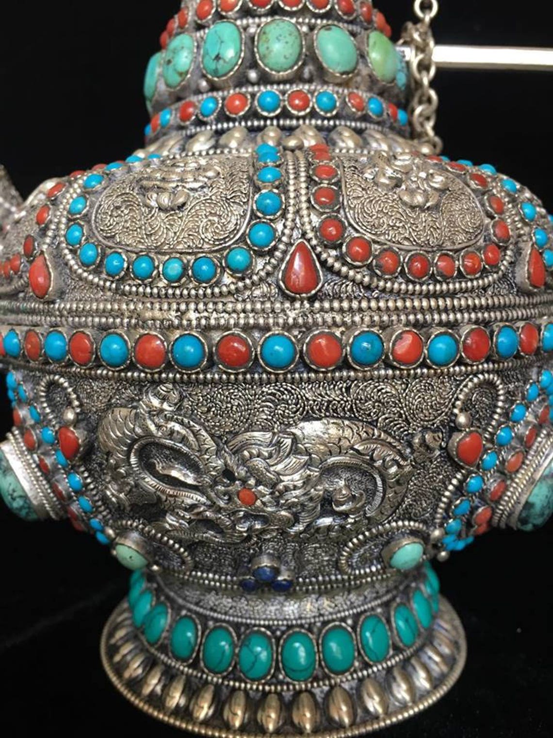 Masterpiece Nepal Pure Silver Gem Inlay Lapis Coral Turquoise Dragon ...