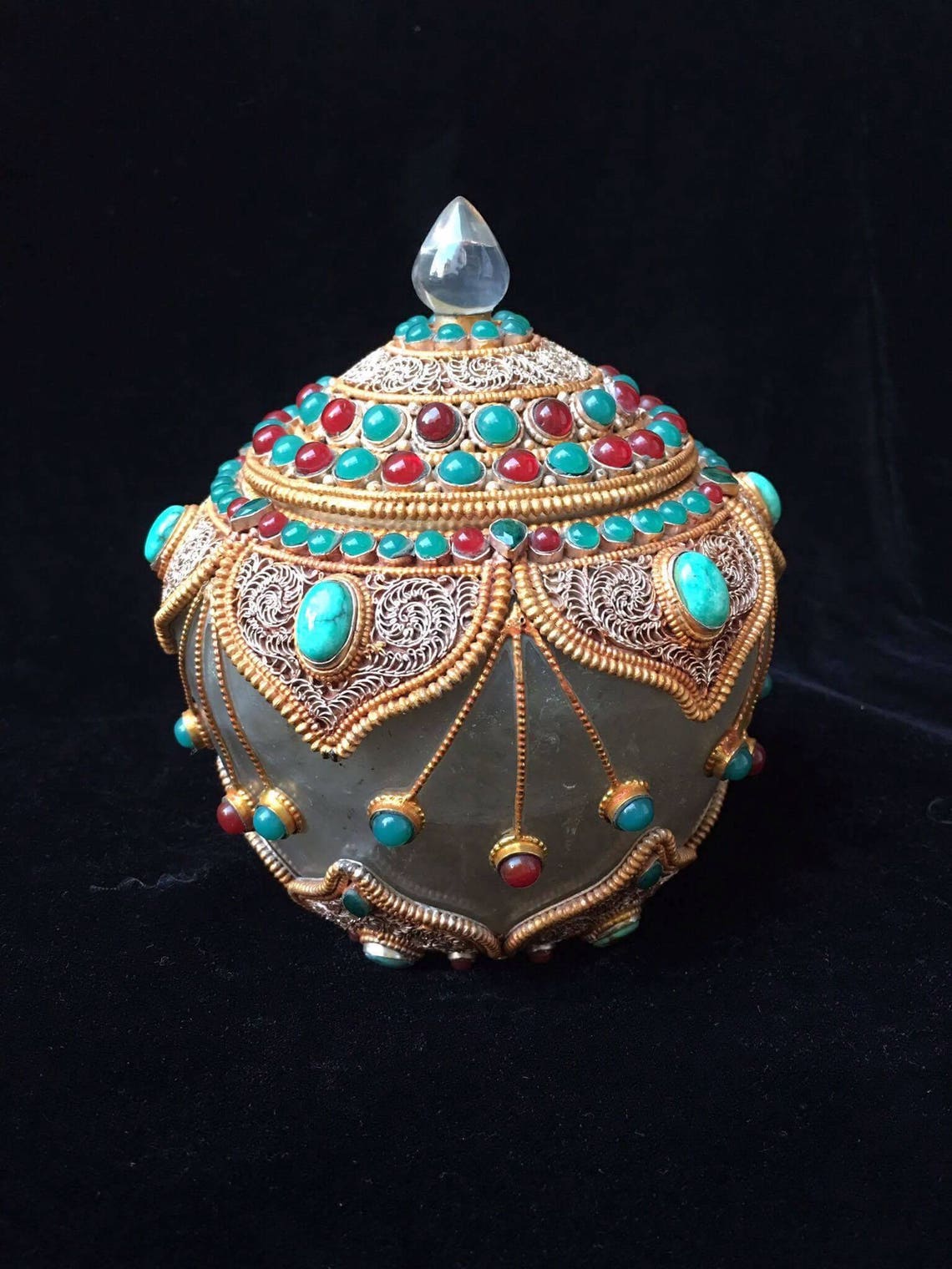 Nepal Silver & Gold Inlay Ruby Beryl Turquoise Gem Crystal Buddhism ...