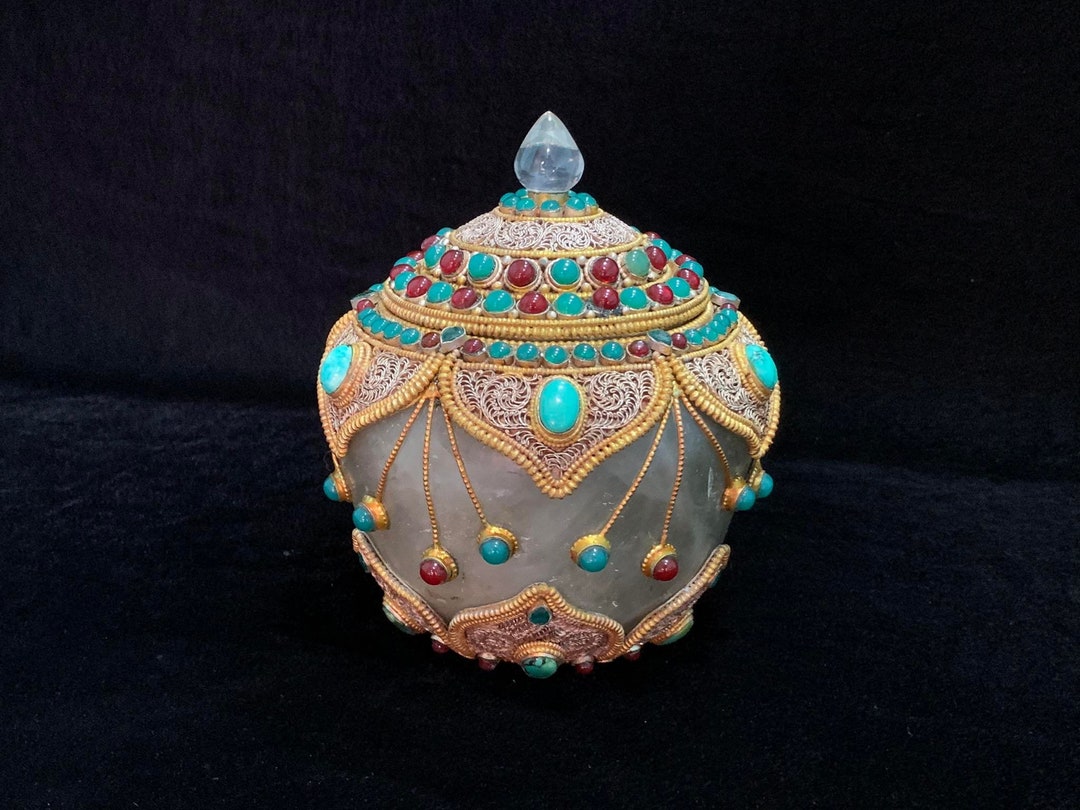 Nepal Silver & Gold Inlay Ruby Beryl Turquoise Gem Crystal Buddhism ...