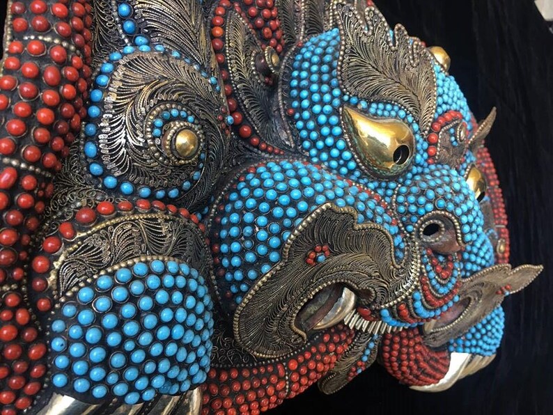 Magnificent Nepal Silver-plated Turquoise & Coral Chhepu Mask | Etsy