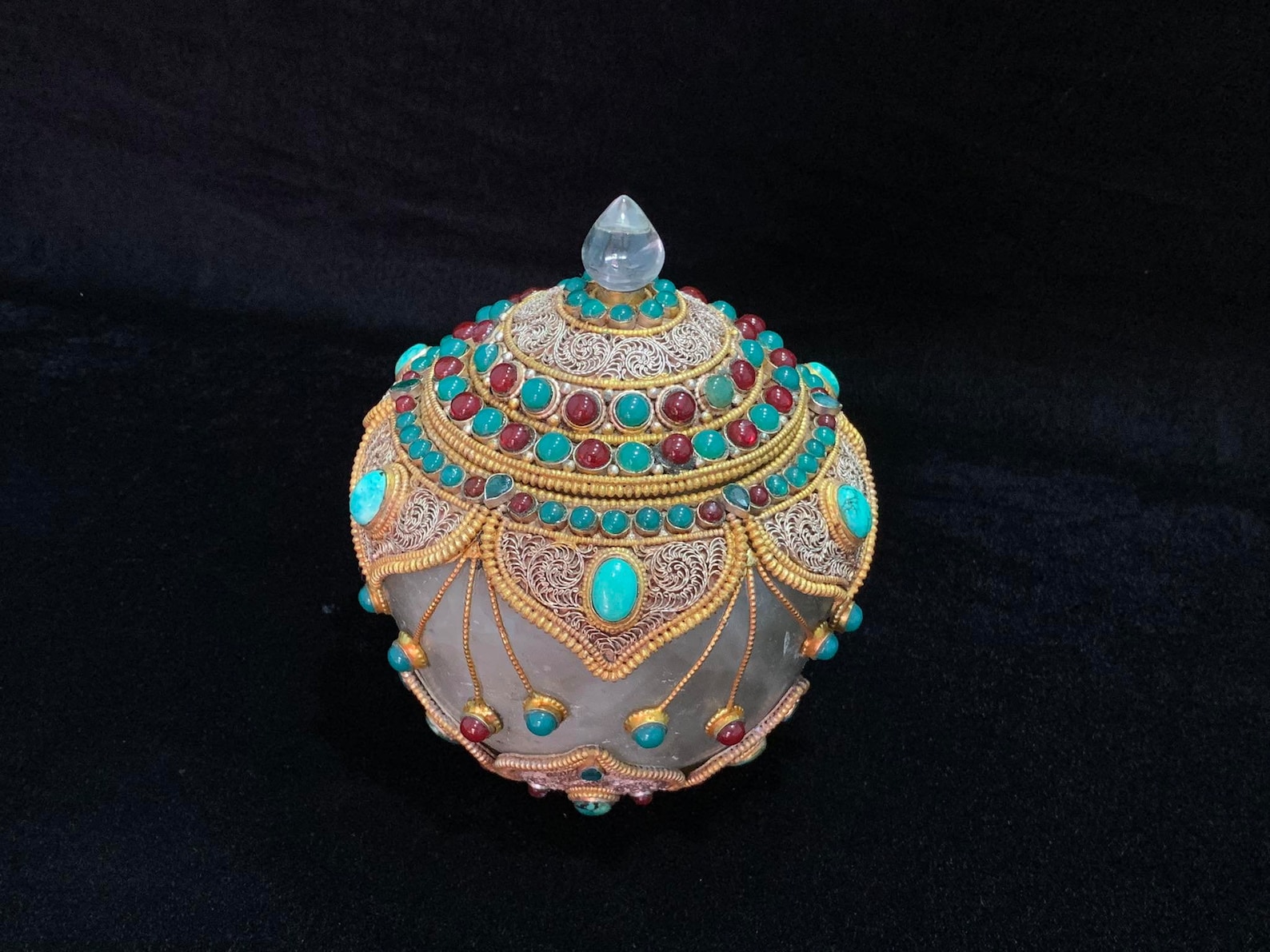 Nepal Silver & Gold Inlay Ruby Beryl Turquoise Gem Crystal Buddhism ...