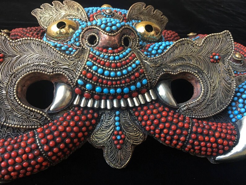 Magnificent Nepal Silver-plated Turquoise & Coral Chhepu Mask | Etsy