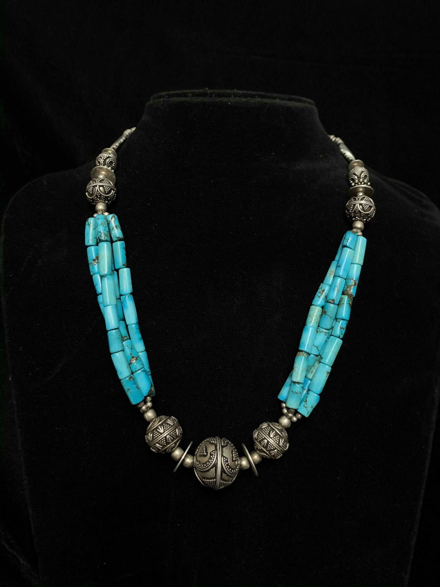 Nepali Silver Turquoise and Repousse Beaded Necklace - Etsy