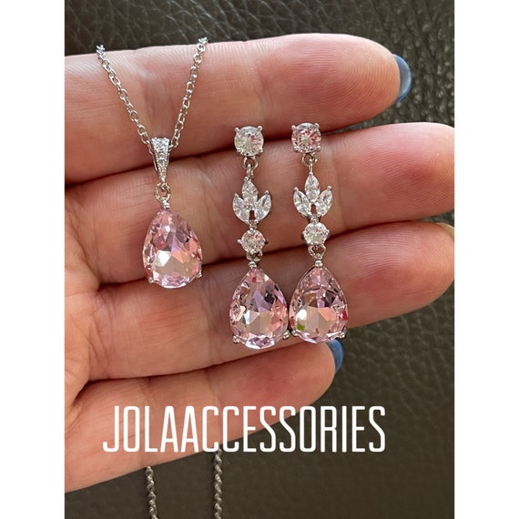 Light pink blush jewelery set wedding bridal necklace earrings jewellery set jewelry zircon blush earrings bridesmaids bridal jewelry