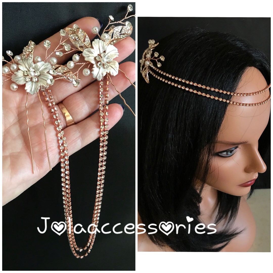 Art Deco Rose Gold Bridal Wedding Hair Forehead Crystal Hair Drape ...