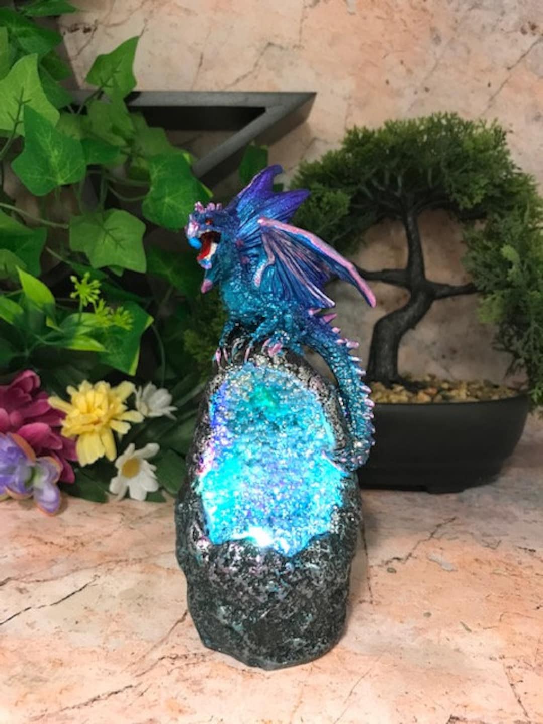 Blue Dragon Guardian of Geode Sculpture Statue Ornament With LED Light ...