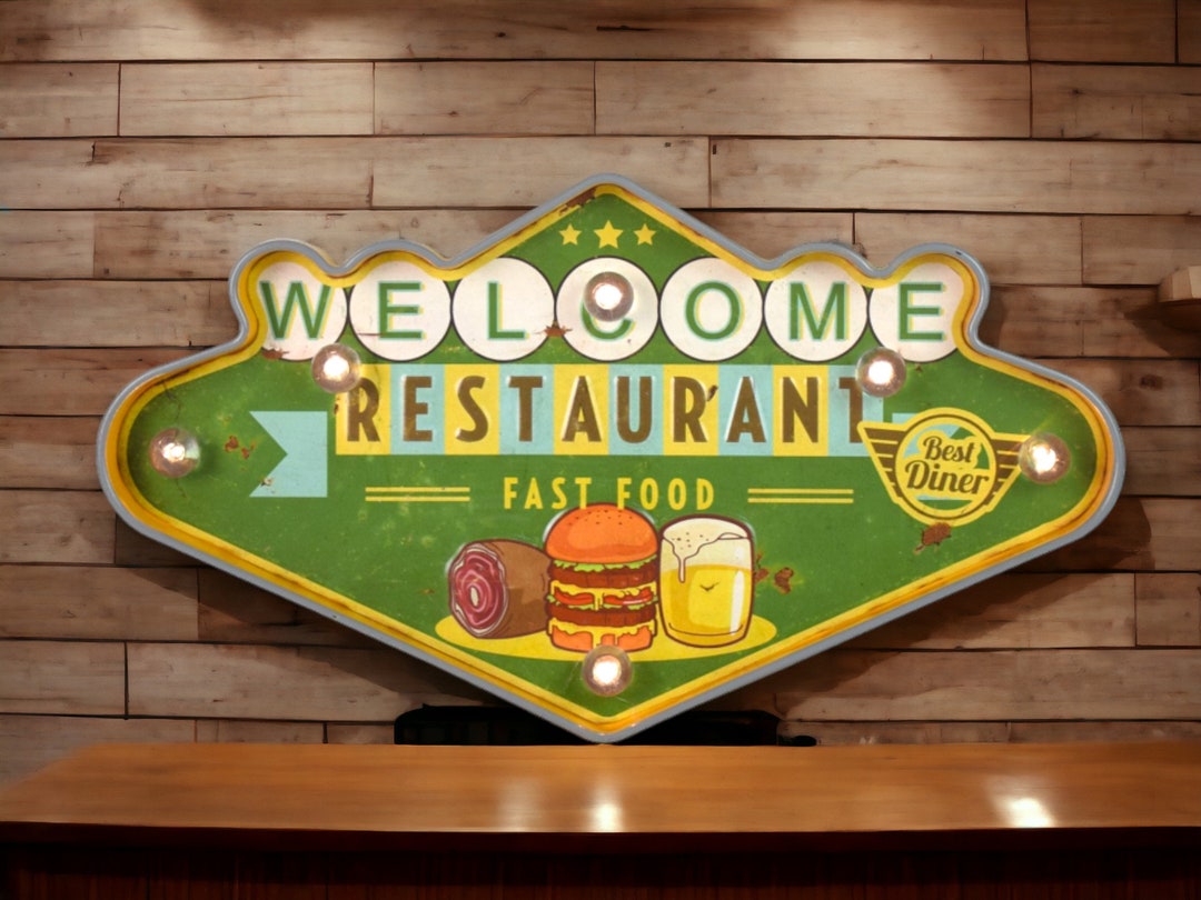 Classic Diner LED Welcome Sign Retro Restaurant Wall Art With Vintage ...