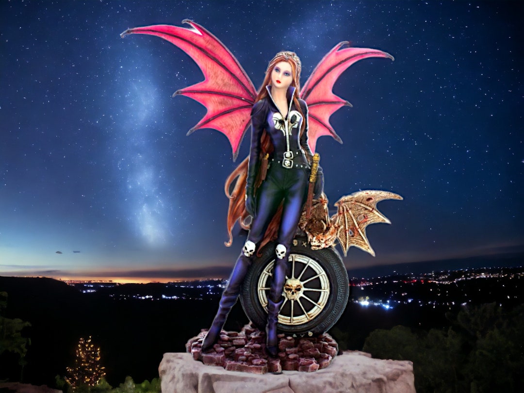 Gothic Biker Fairy Resin Figurine Dark Fantasy Winged Sculpture, Unique ...