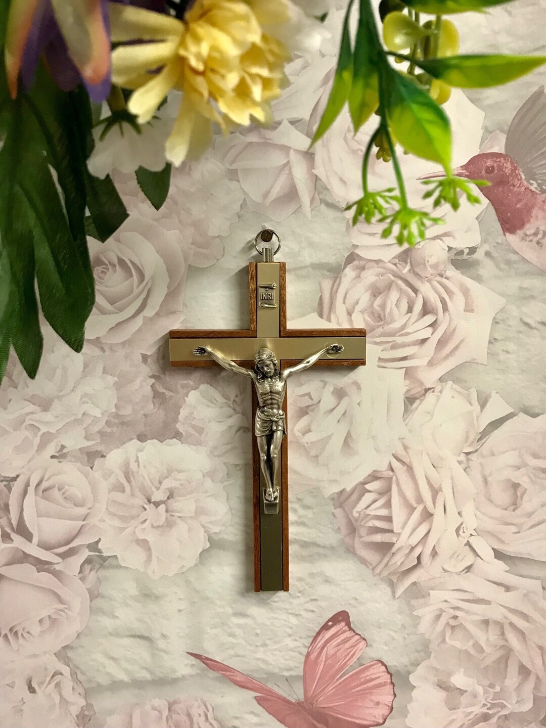 Mahogany Wooden Crucifix With Brass Inlaid Strips Hanging Cross Metal ...