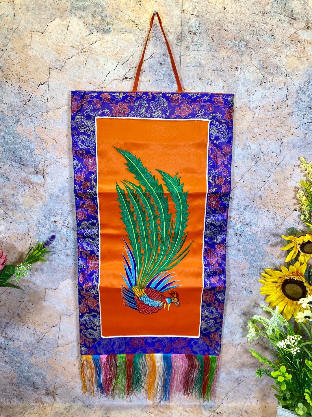 Tibetan Phoenix Banner, Embroidered Wall Decor, Brocade Silk ...