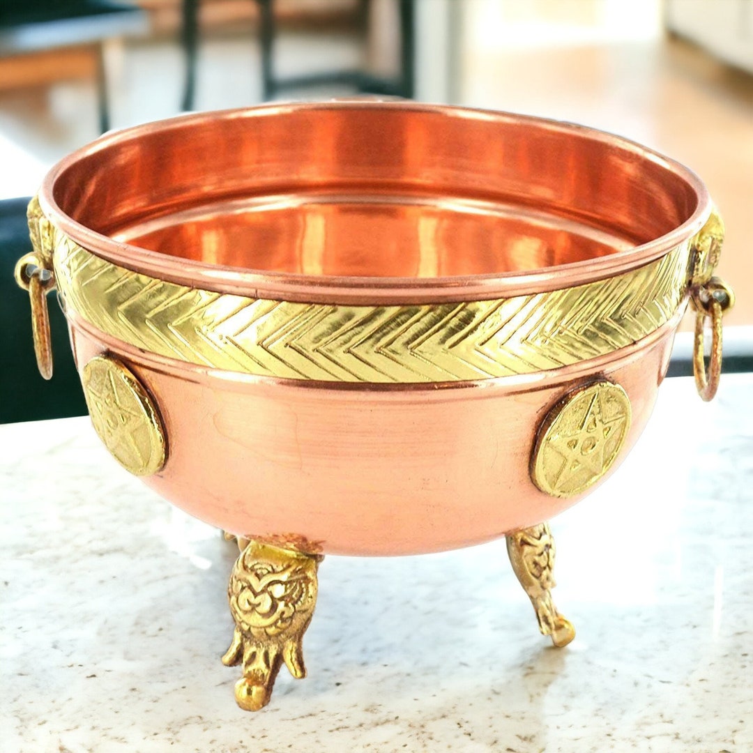 Large Copper Ritual Bowl With Pentagram Brass-accented Occult - Etsy