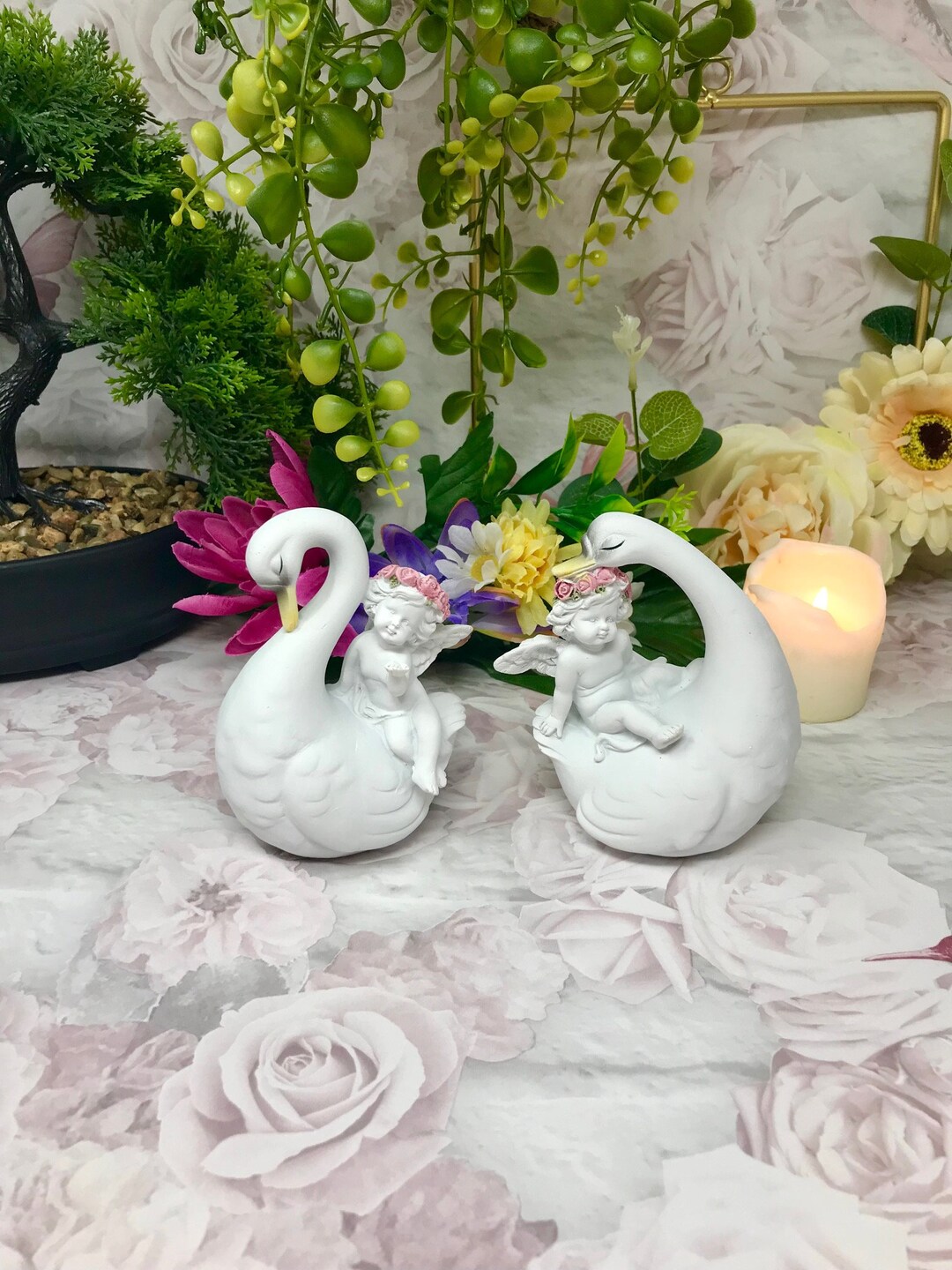 Pair of Cherubs Riding Swans Figurines Cherub Collection Home ...